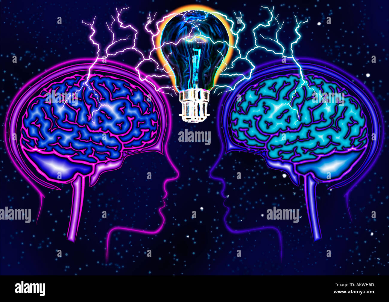 two heads showing brain with light bulb photo illustration Stock Photo ...