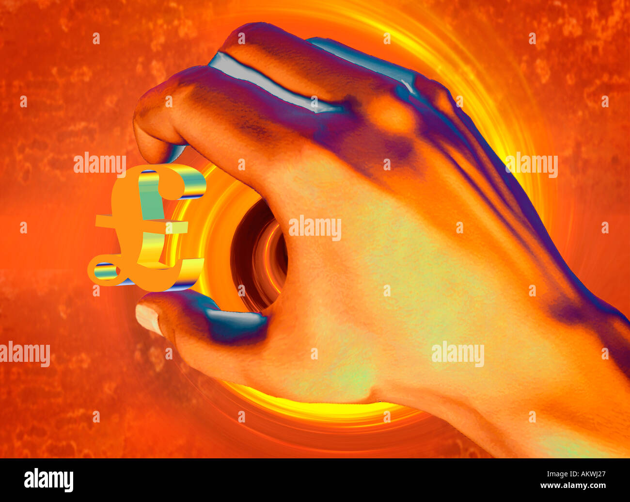 computer generated hand holding squeezing pound sign logo against warm ...