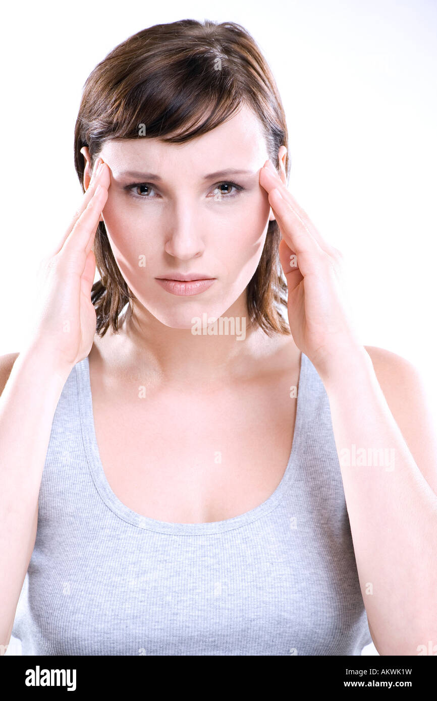 Woman, hands on head, portrait Stock Photo - Alamy