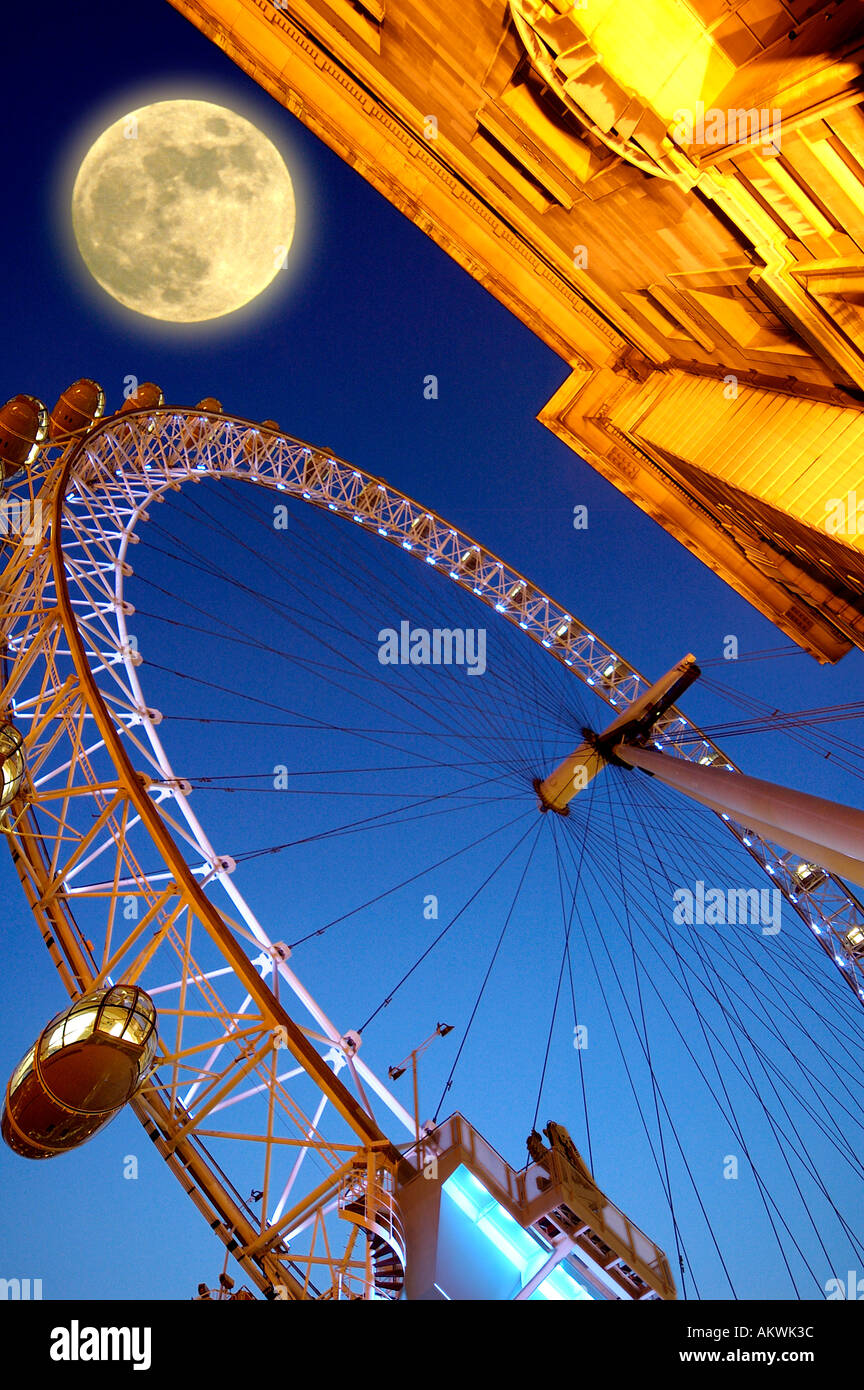london eye night time full moon abstract angle london england uk Stock ...
