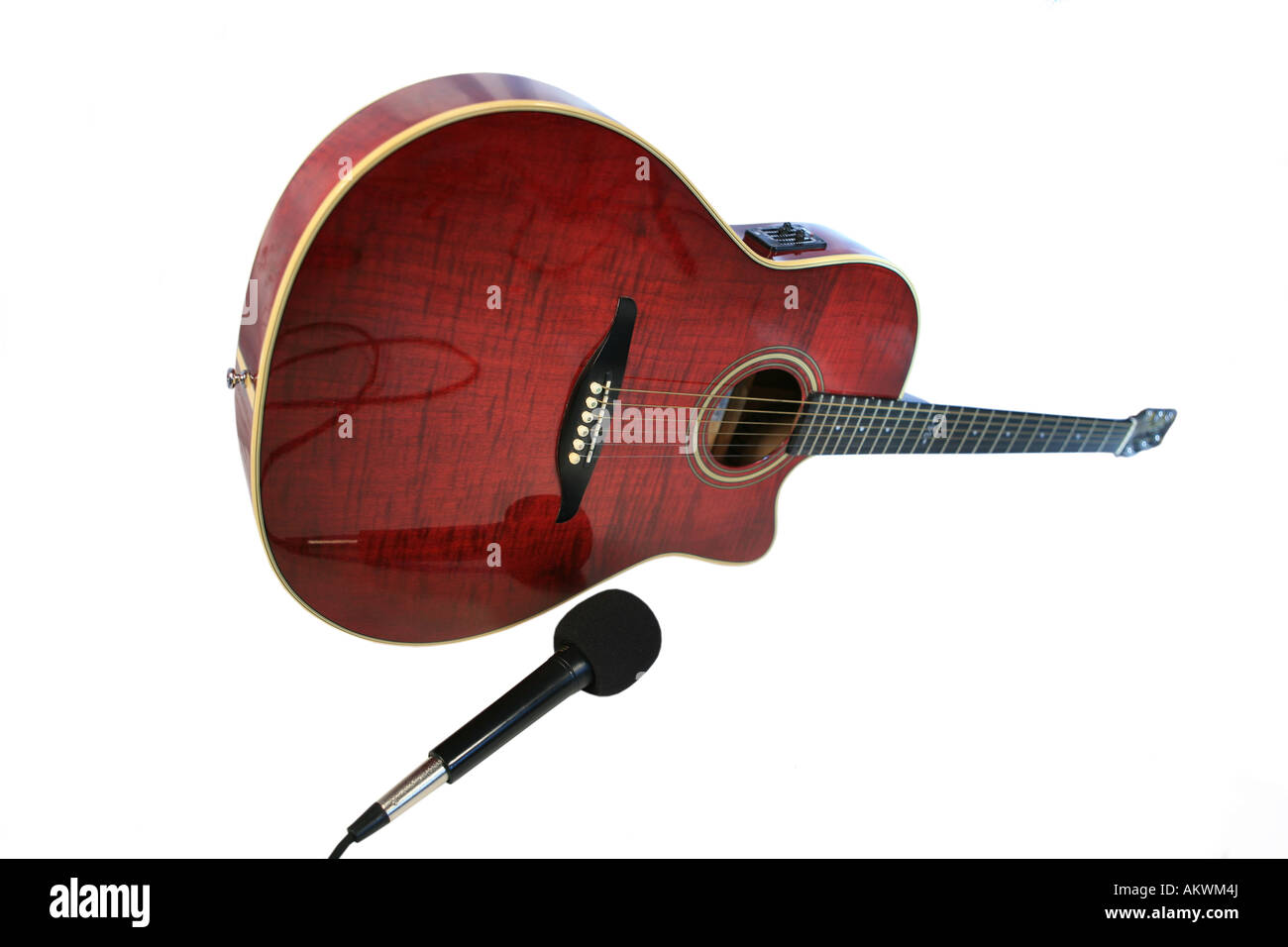 Red acoustic guitar and microphone isolated on white Stock Photo - Alamy