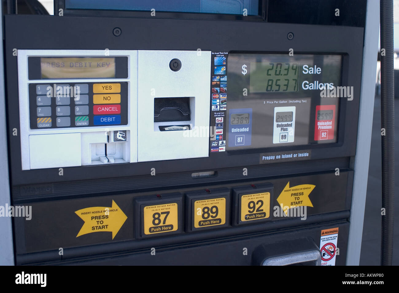 Close up of a gas pump showing fuel grades and amount of purchase Stock ...