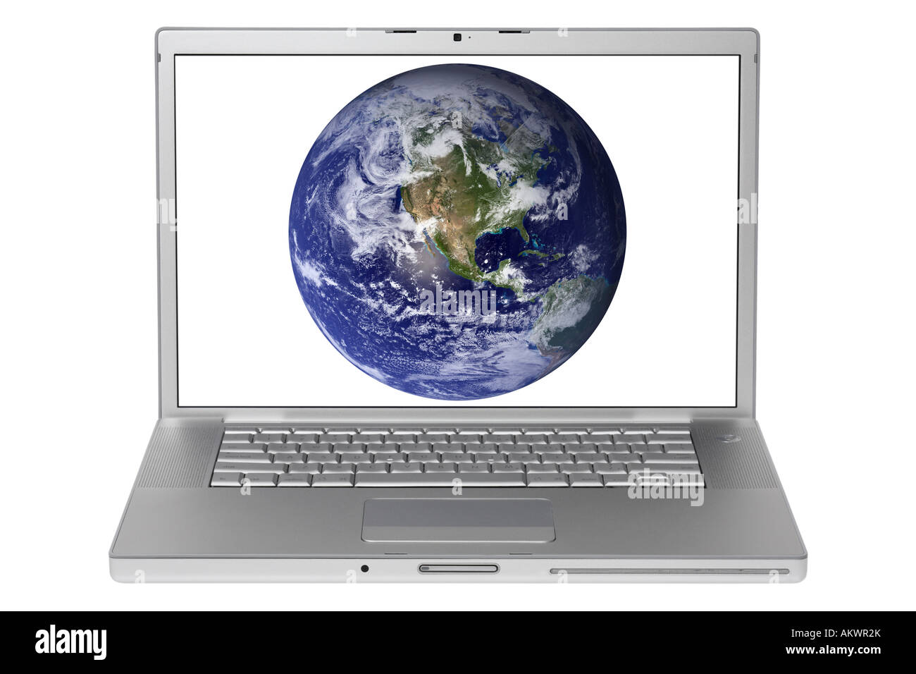 Laptop Computer with earth on screen cut out on white background Stock ...
