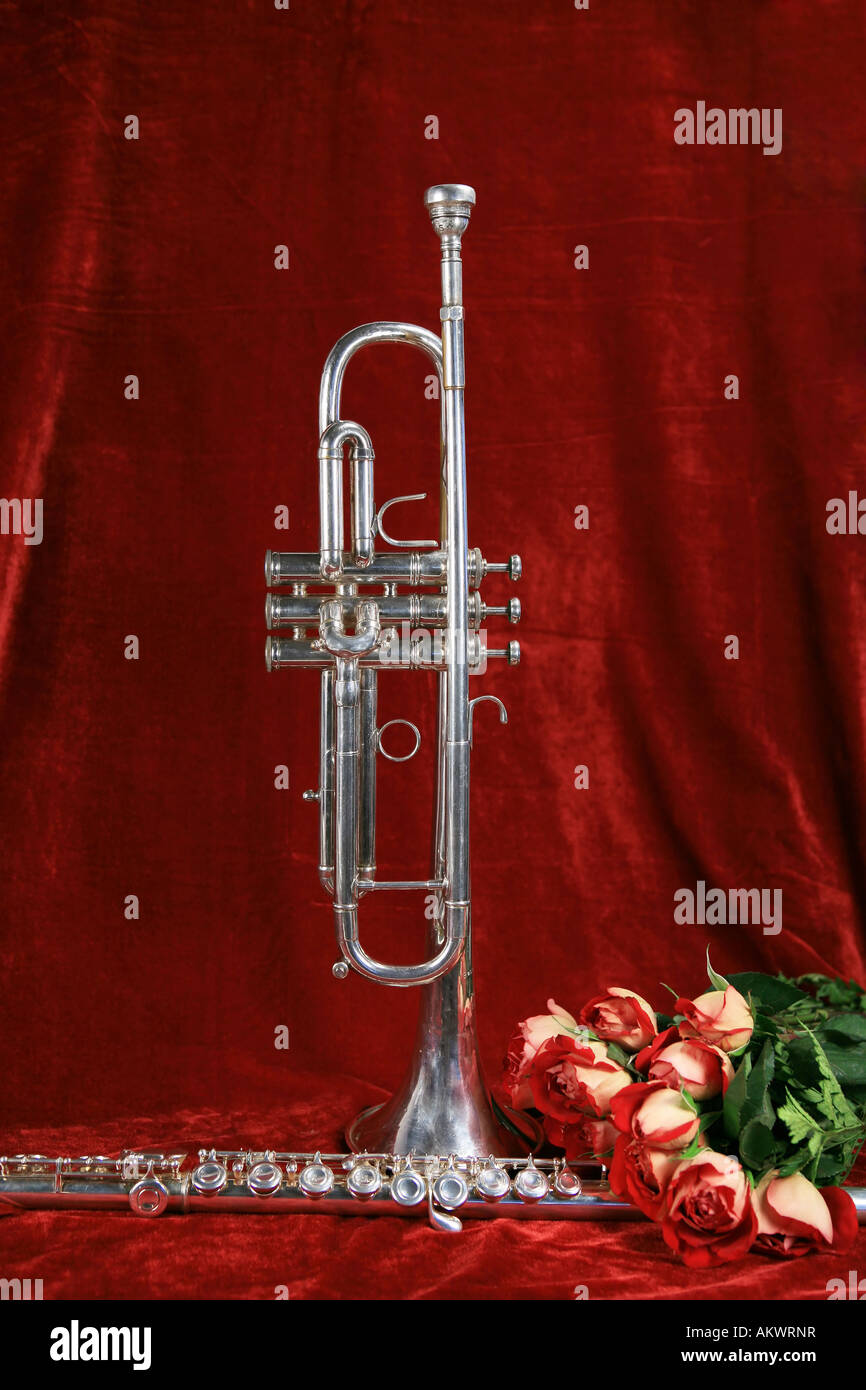 Silver trumpet and flute on red velvet background with bouquet of roses ...