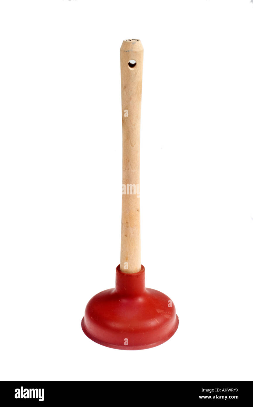 Rubber plunger with wooden handle used to clear blocked drains Stock ...