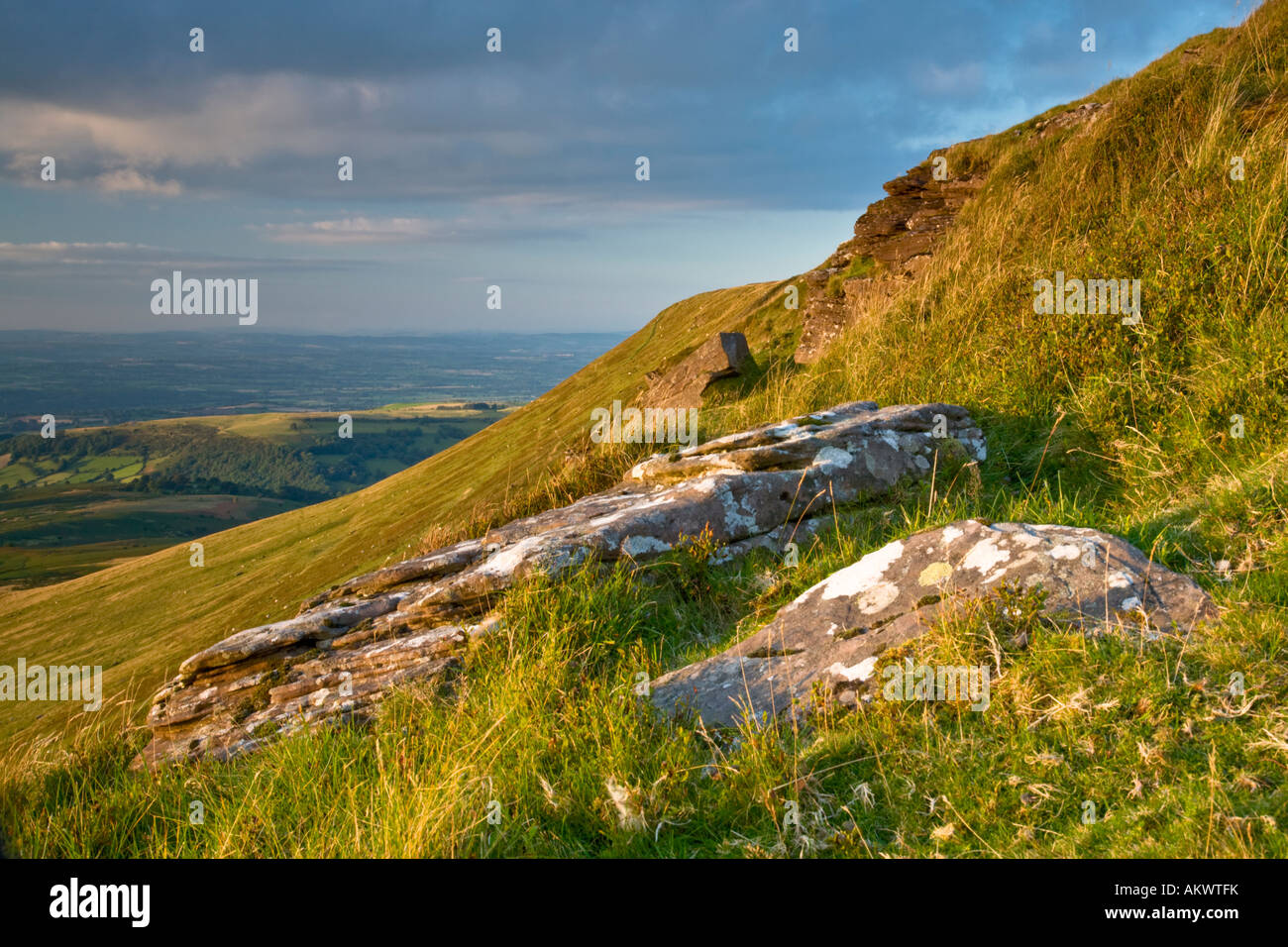 Rock outcrop along Hay Bluff in the Brecon Beacons looking towards the ...