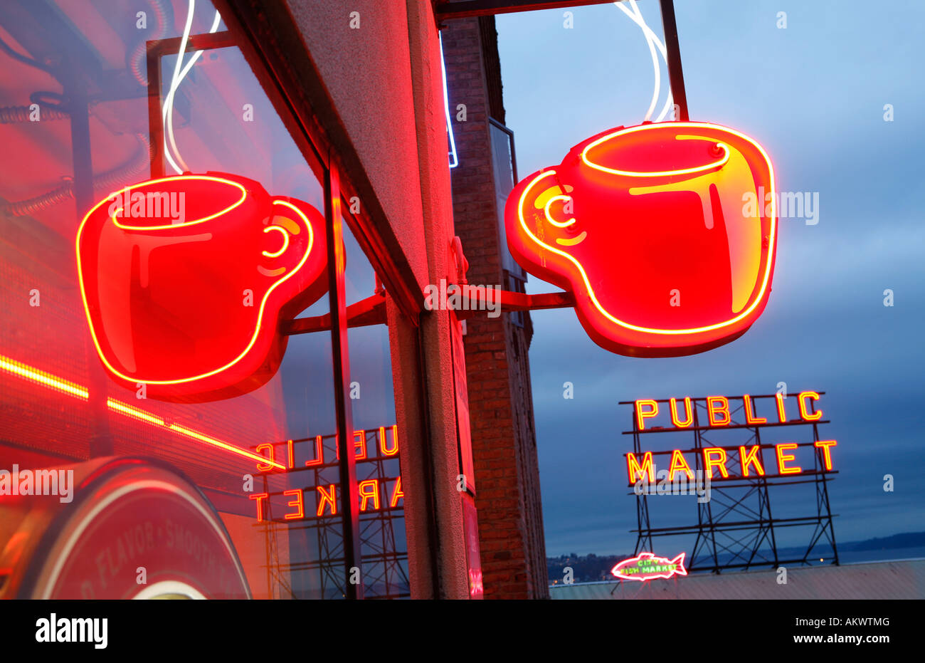Neon coffee shop sign at Pike s Place Market Stock Photo - Alamy