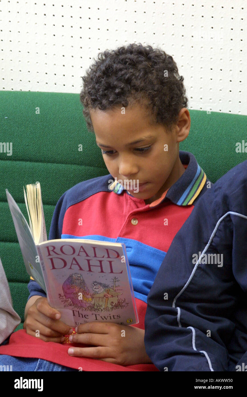 Primary school boy reading a book in library Stock Photo - Alamy