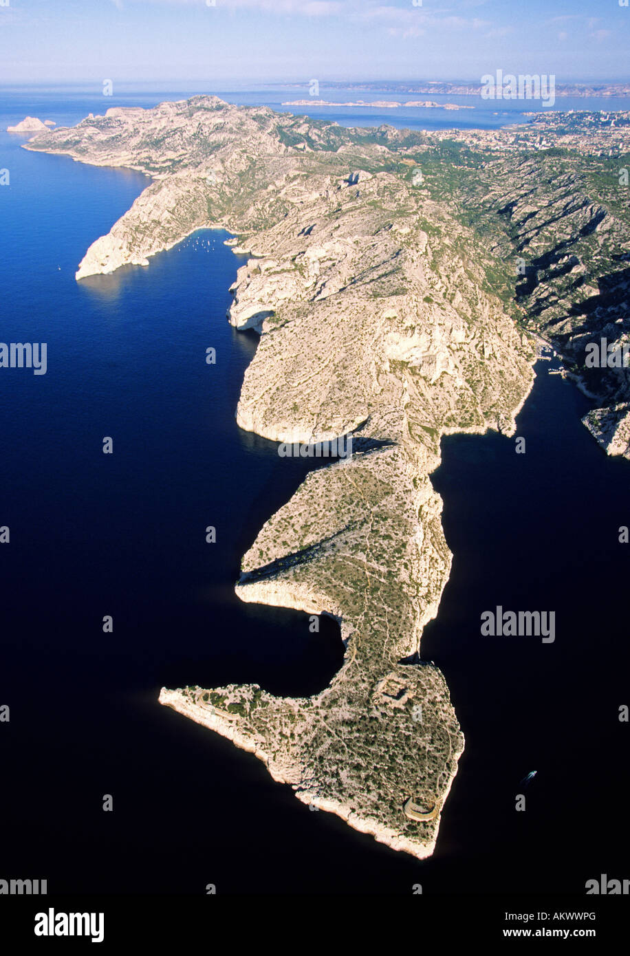 France, Bouches du Rhone, the Marseille Calanques, Cap Morgiou (aerial ...