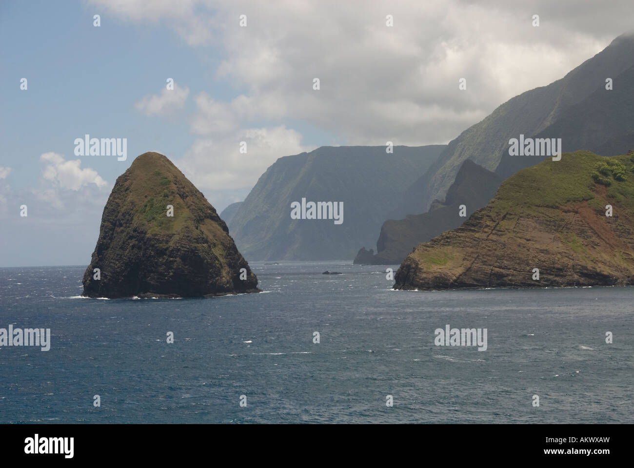 Hawaii Molokai cliffs and seafins at Kalawao with view of Waikoloa ...