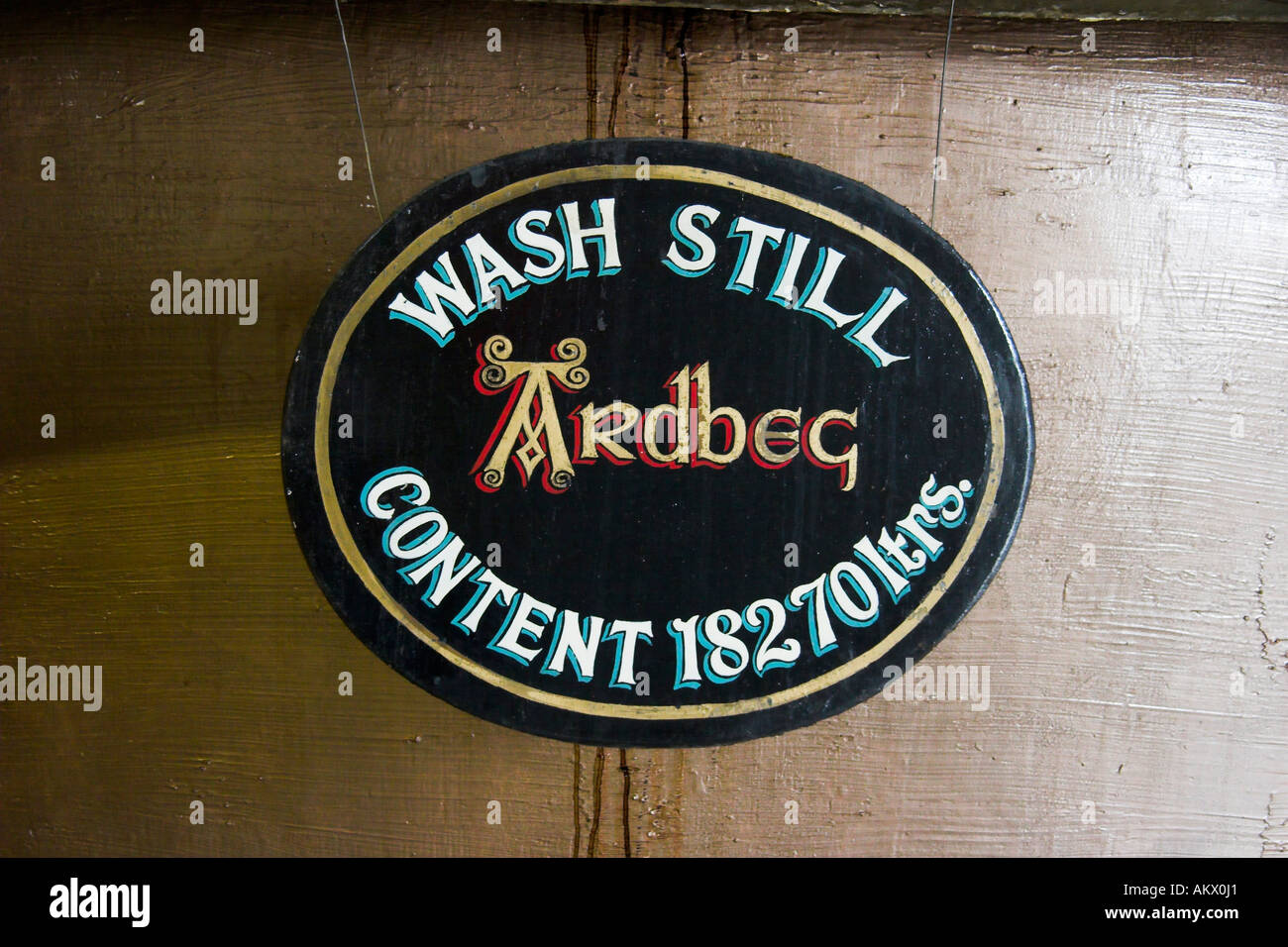 Sign at a wash still, showing his capacity, Ardbeg distillery, Isle of ...