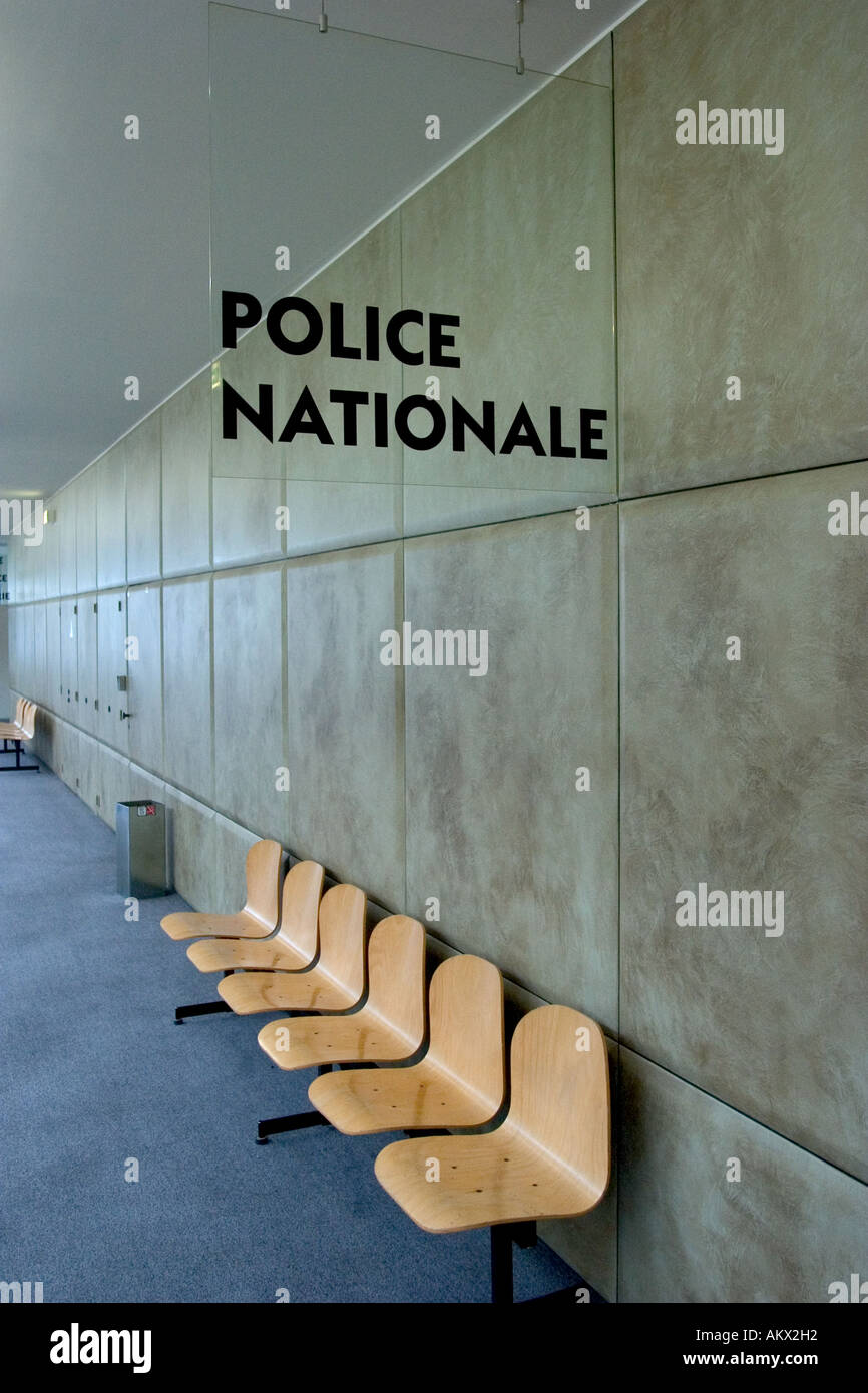 french police station sign in france and chairs for waiting Stock Photo ...