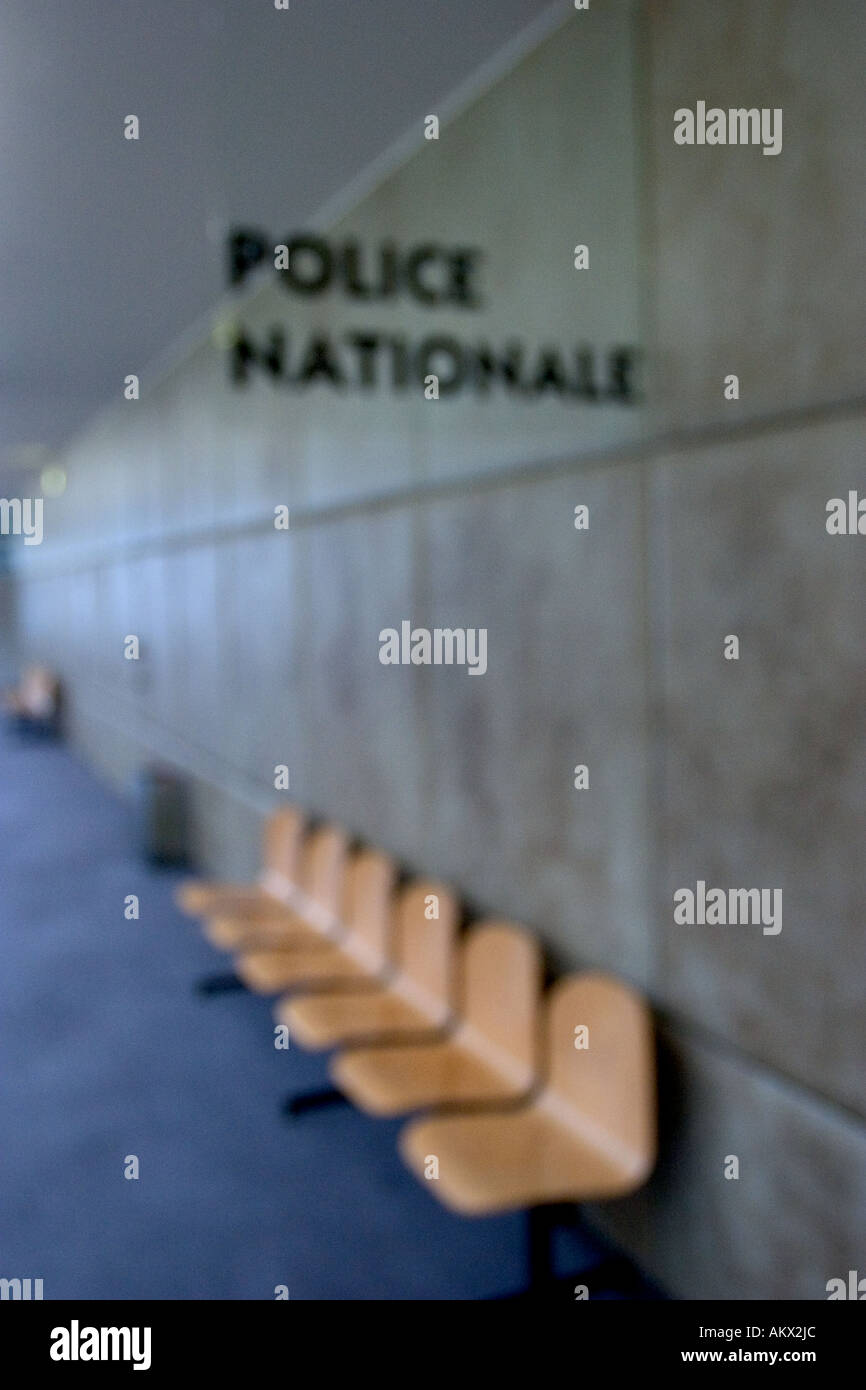 french police station sign in france and chairs for waiting Stock Photo ...
