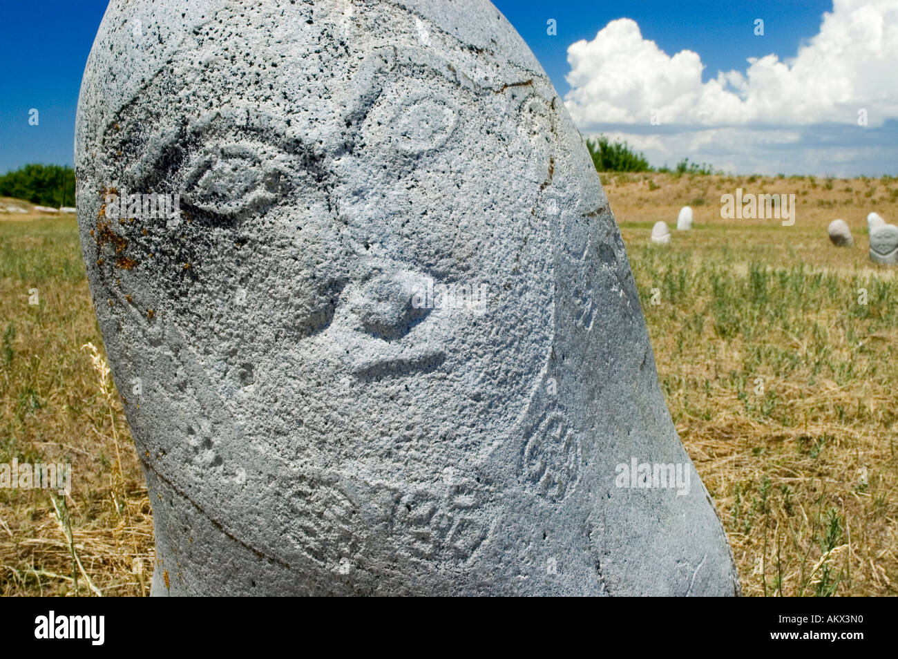 Historic grave stone, balbal, in Balasagun, silk road, Kyrgyzstan Stock ...