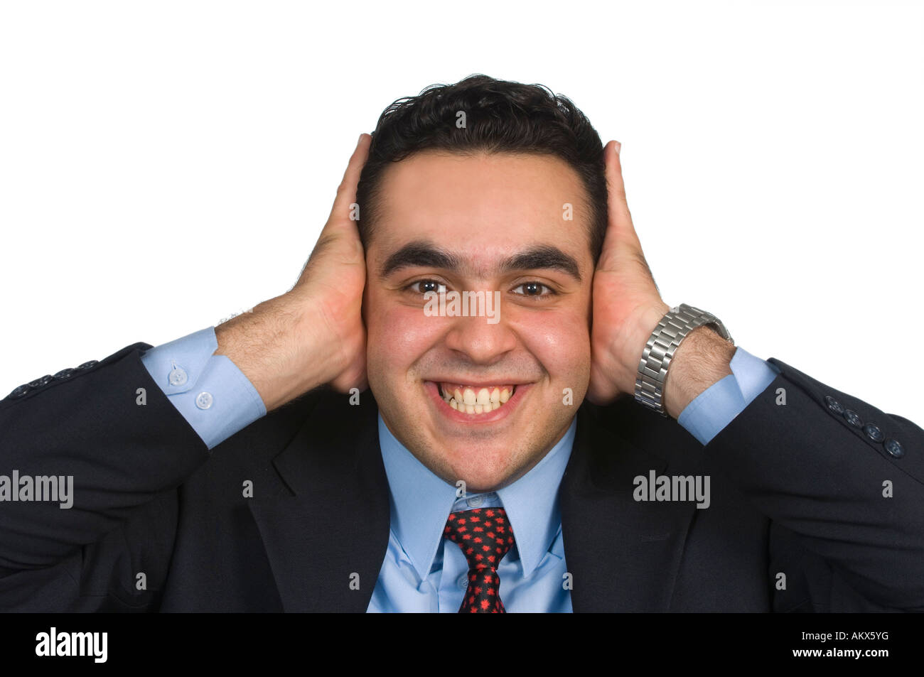 over excited business man hands on head Stock Photo - Alamy