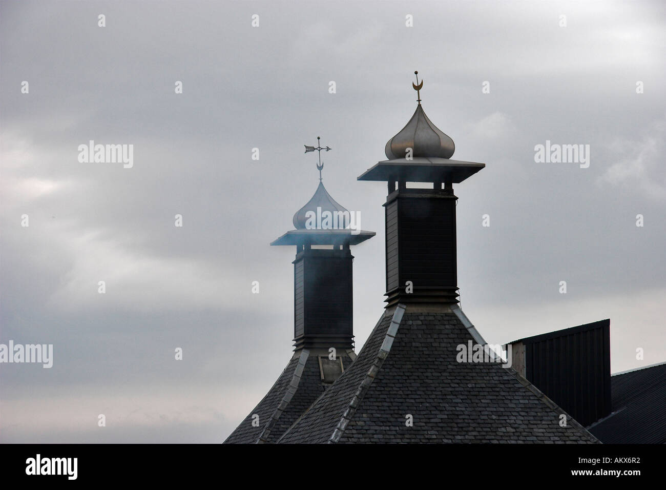 Typical pagode roof above the kilns of an scottish Whisky distillery ...