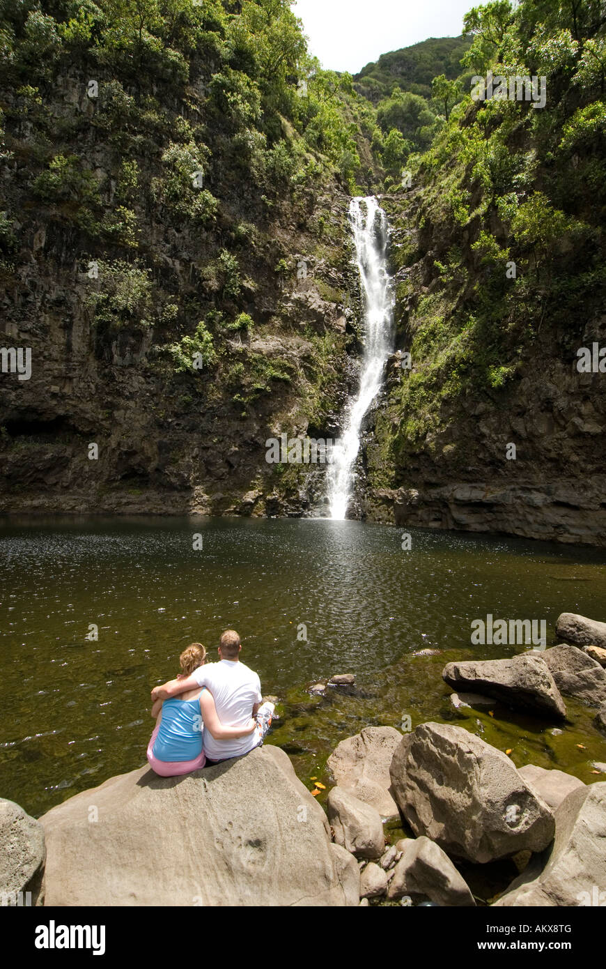 Hawaii Molokai Halawa Valley couple at waterfalls USA Stock Photo - Alamy