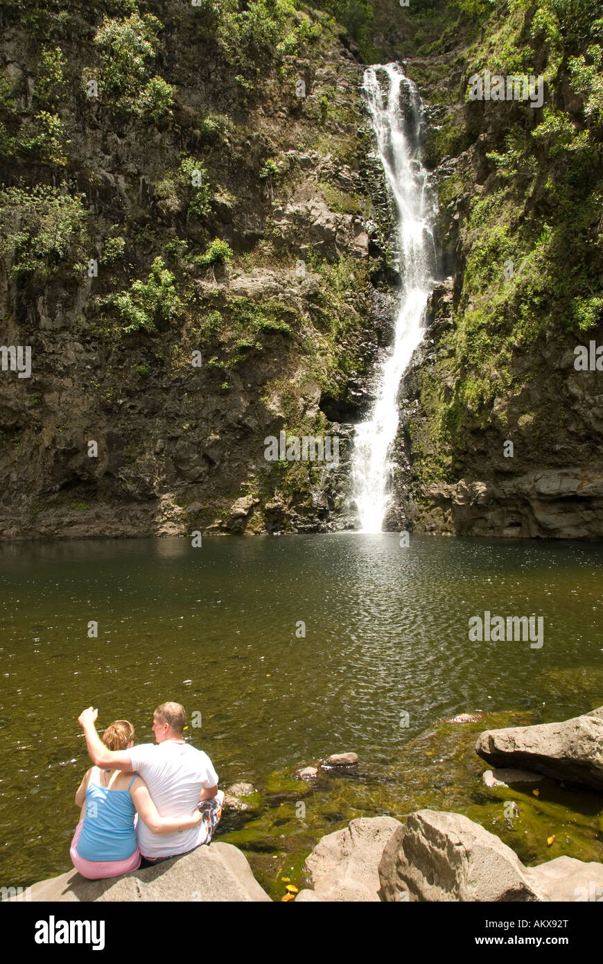 Hawaii Molokai Halawa Valley couple at waterfalls USA Stock Photo - Alamy