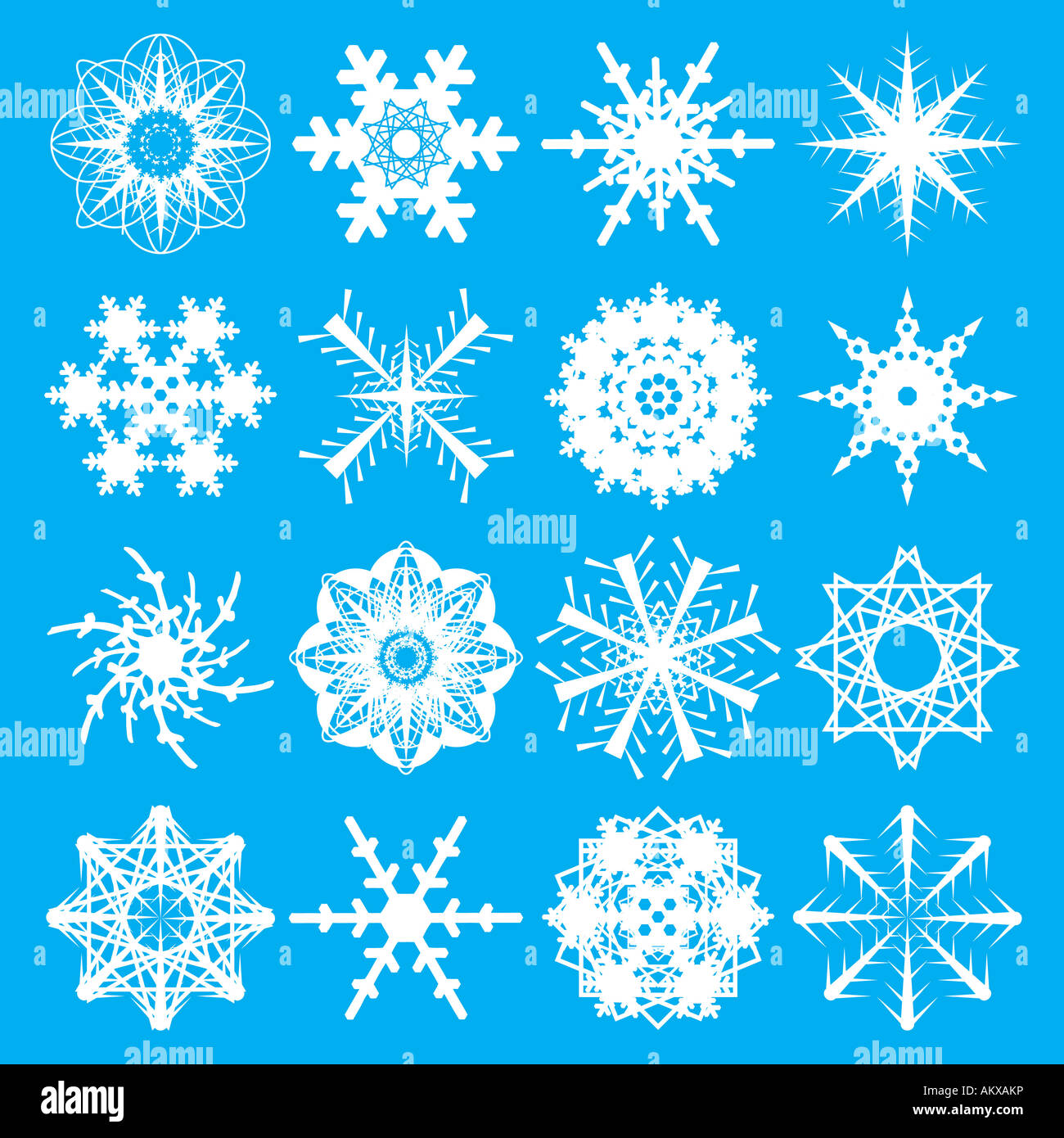 collection of snowflake in white on a blue background with sixteen ...