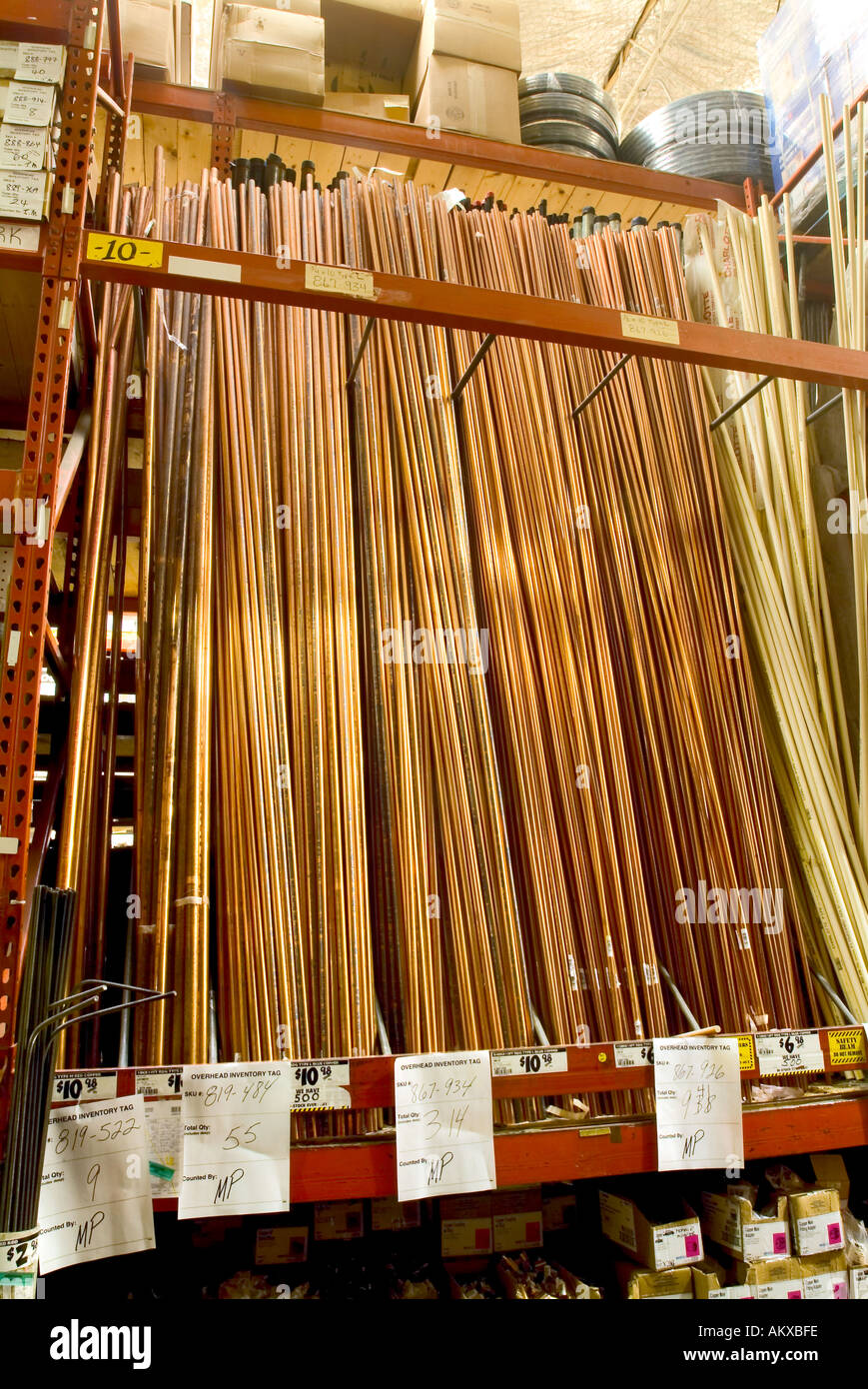 Copper Pipe Rack at Home Improvement Store Stock Photo - Alamy