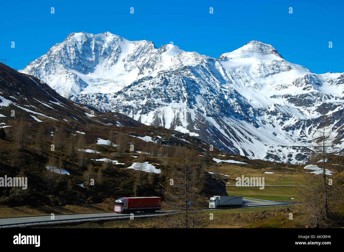 Truck traffic at Simplon Pass and Mt Fletschhorn, Valais Switzerland ...