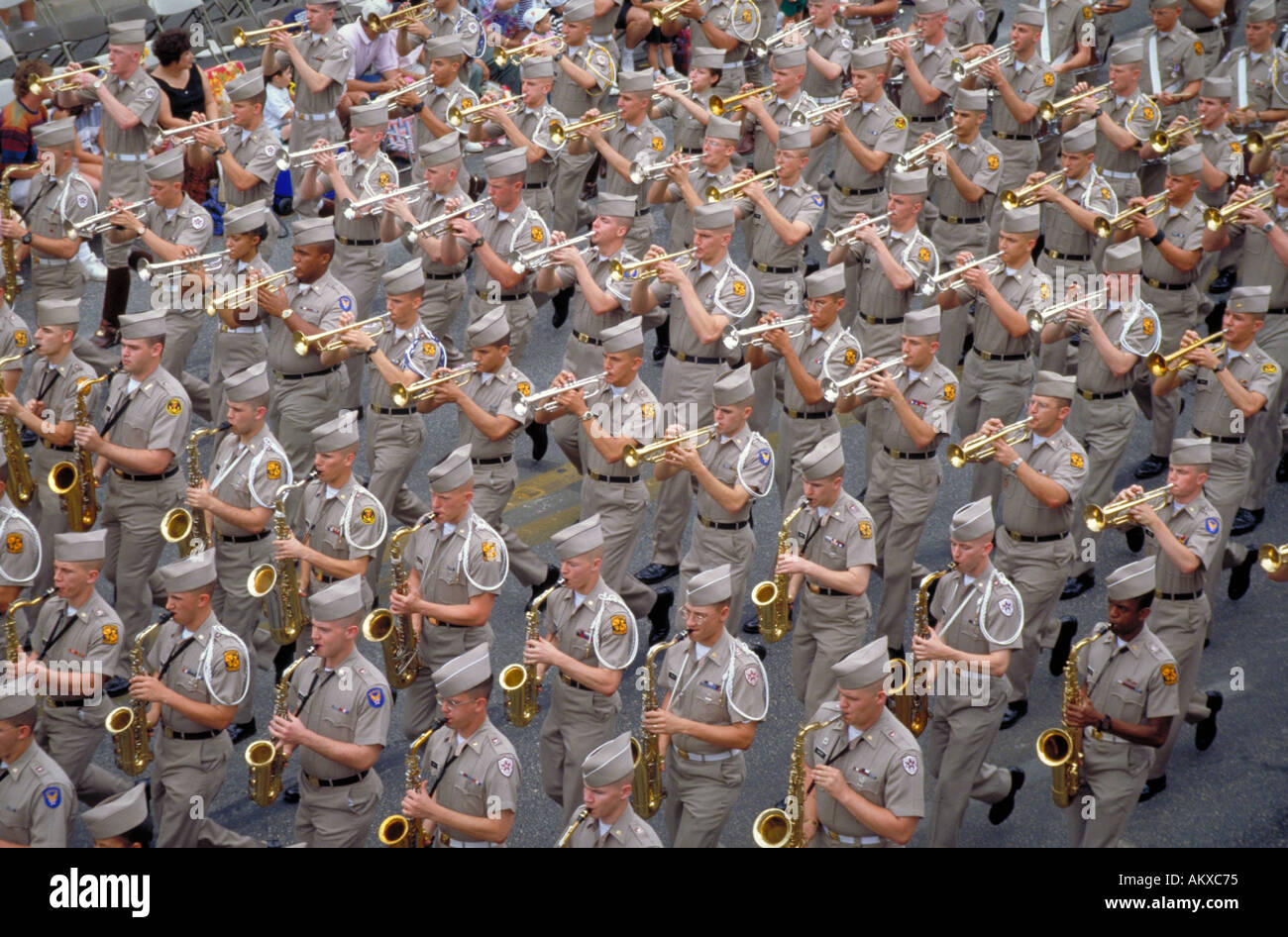 MILITARY MARCHING BAND IN THE ANNUAL FIESTA PARADE, SAN ANTONIO, TEXAS ...