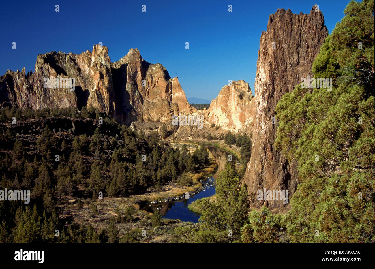Overhead view of a river canyon surrounded by large rock formations in ...