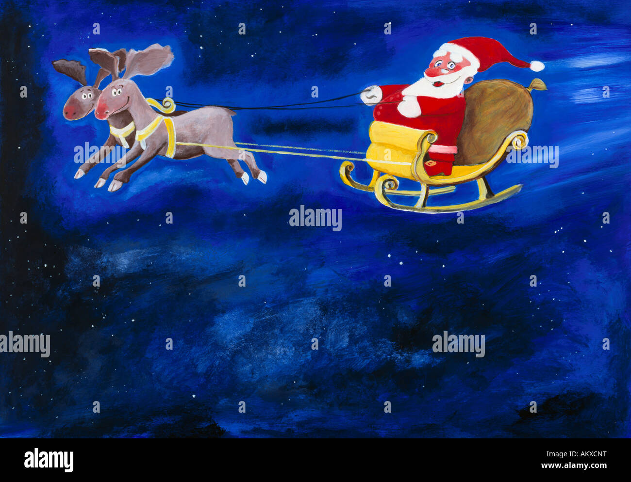 Santa Claus in his flying sledge with reindeer, illustration Stock ...