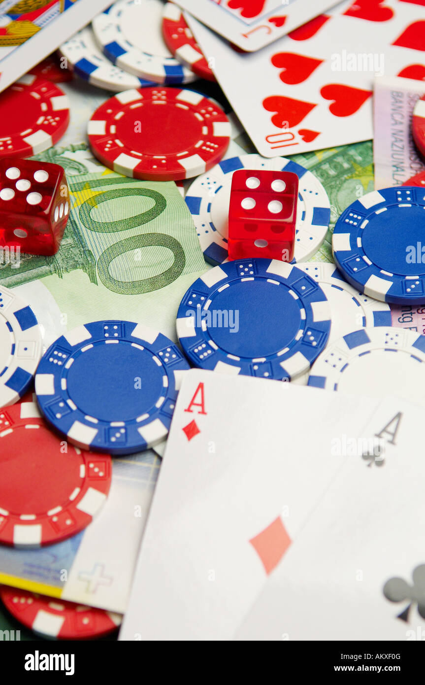 Gambling cards, chips and dice Stock Photo - Alamy