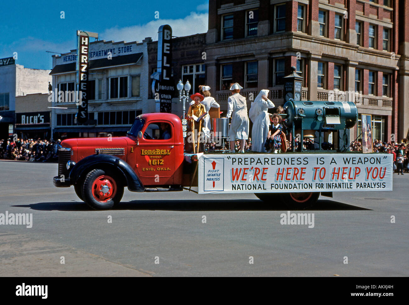 Parade float featuring an iron lung in the fight against polio at Enid ...