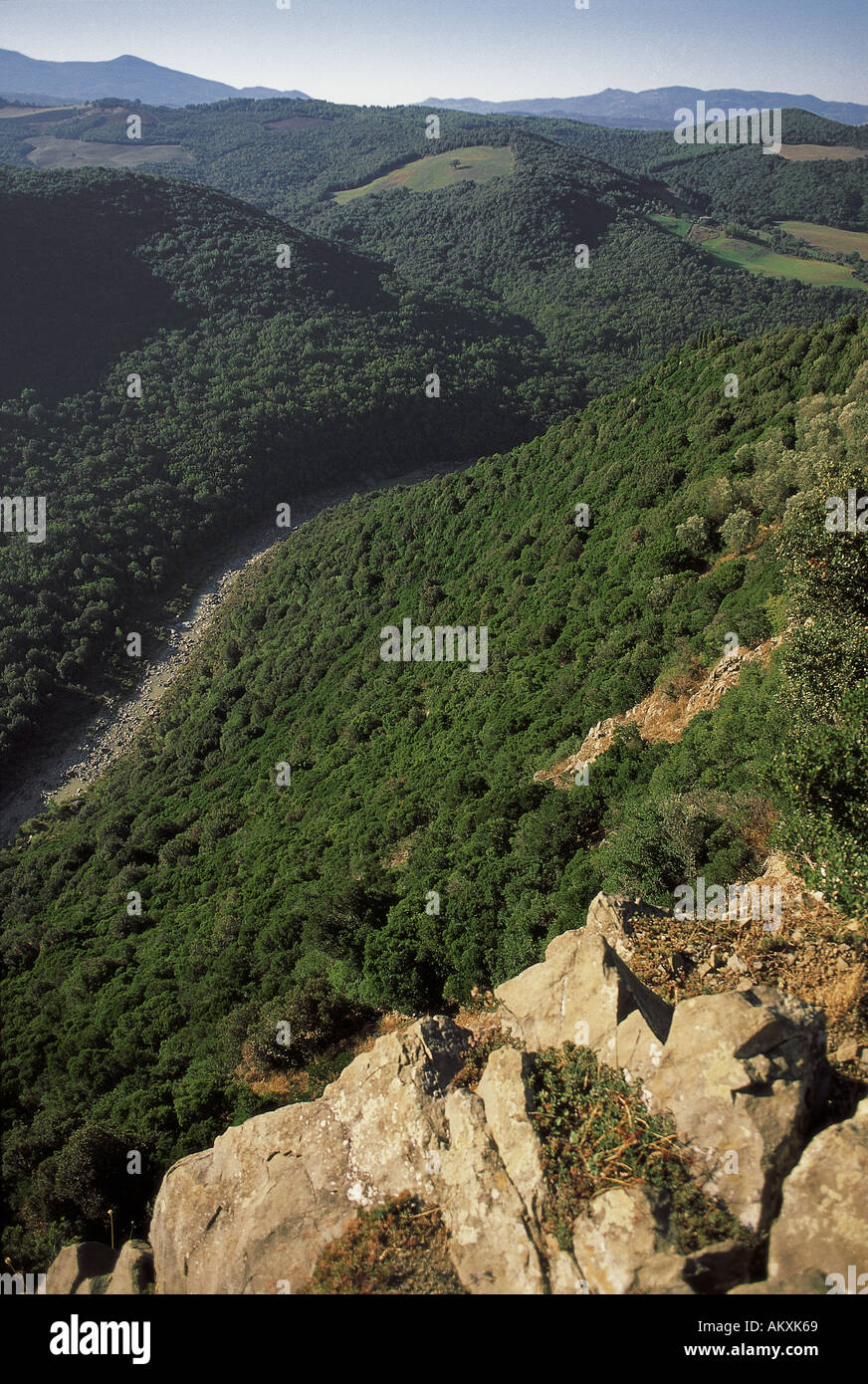 Looking past a rocky outcrop and down the steep tree covered slope to ...