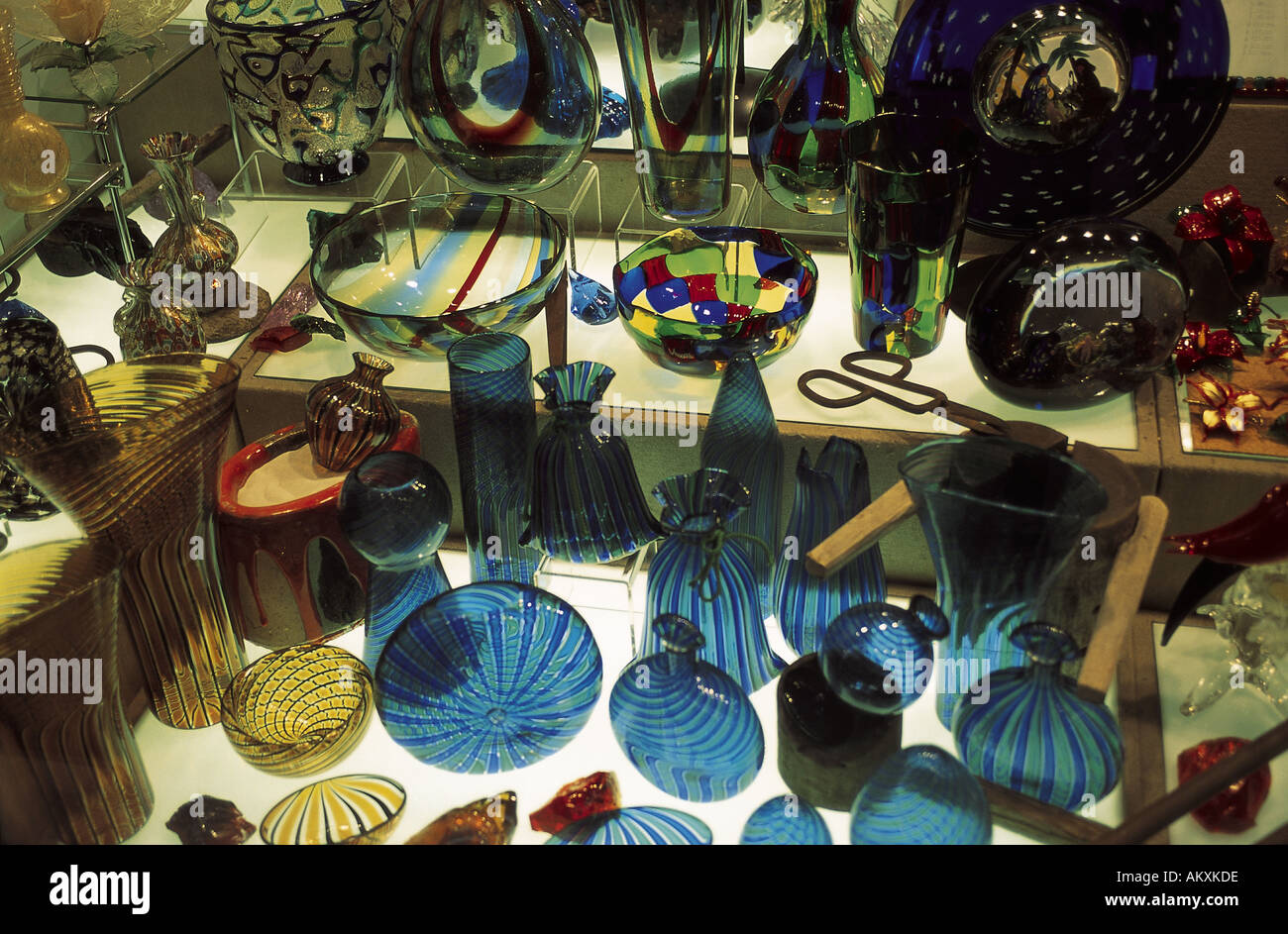 Glassware displayed for sale in shops in the San Marco district of ...