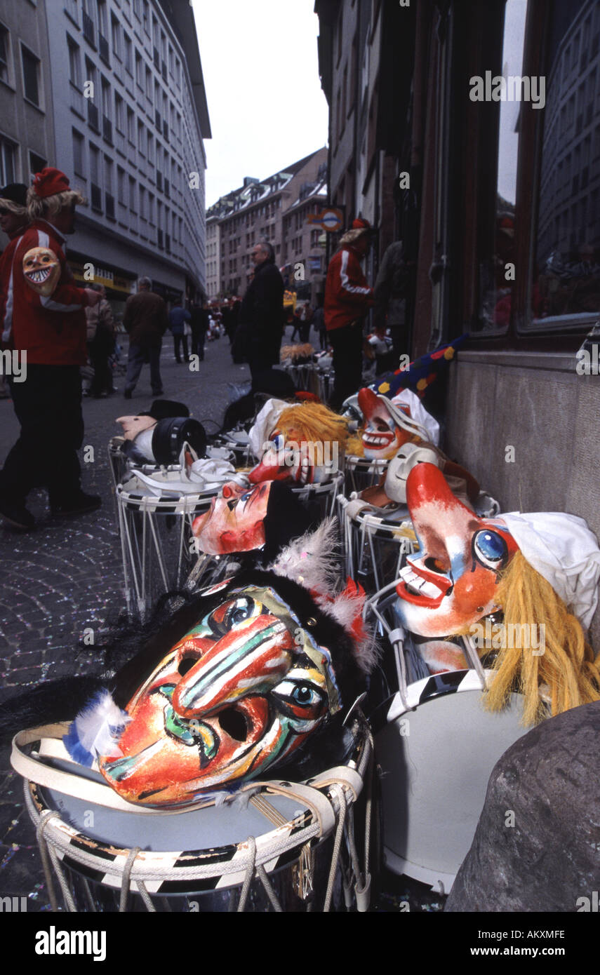 BASEL Fasnacht masks and drums outside bar in Grossbasel Stock Photo ...