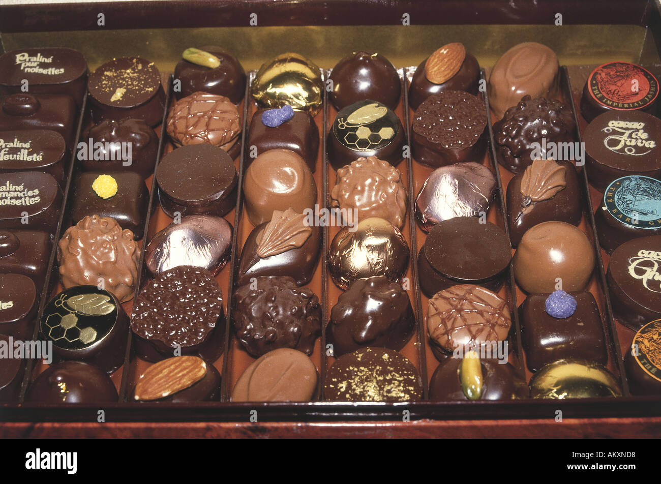 Chocolates on display at La Fontaine au Chocolat a luxury confiserie on ...