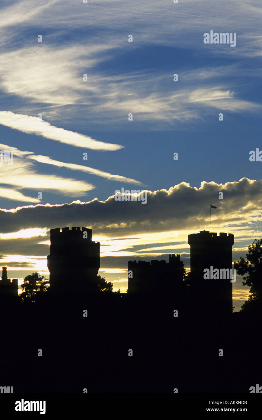 Warwick Castle silhouetted at sunset, Warwickshire, England, UK Stock ...