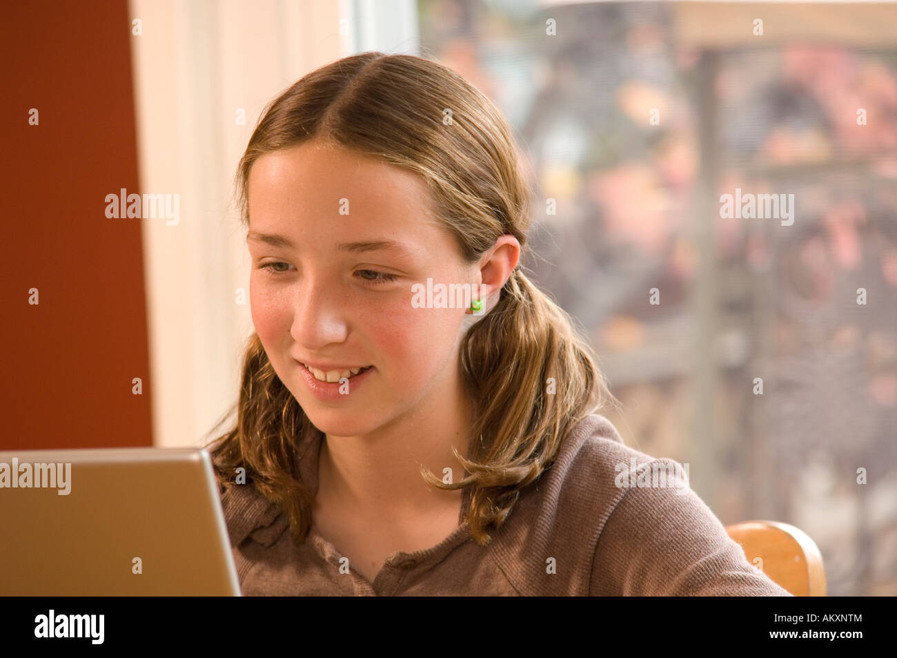 Young girl doing homework on laptop computer Stock Photo - Alamy