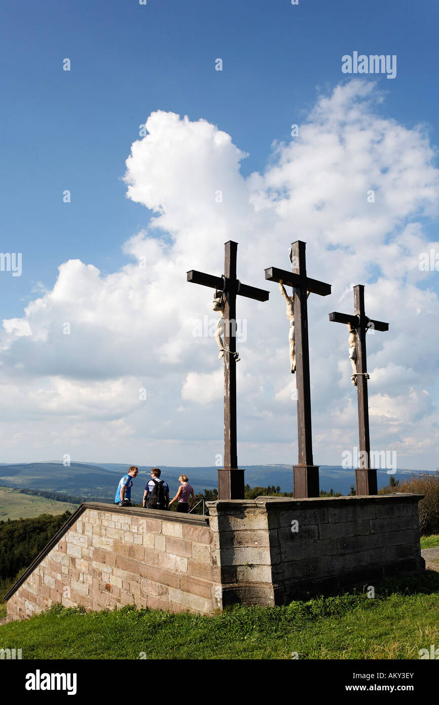3 crosses on Kreuzberg mountain, Rhoen, Franconia, Bavaria, Germany ...