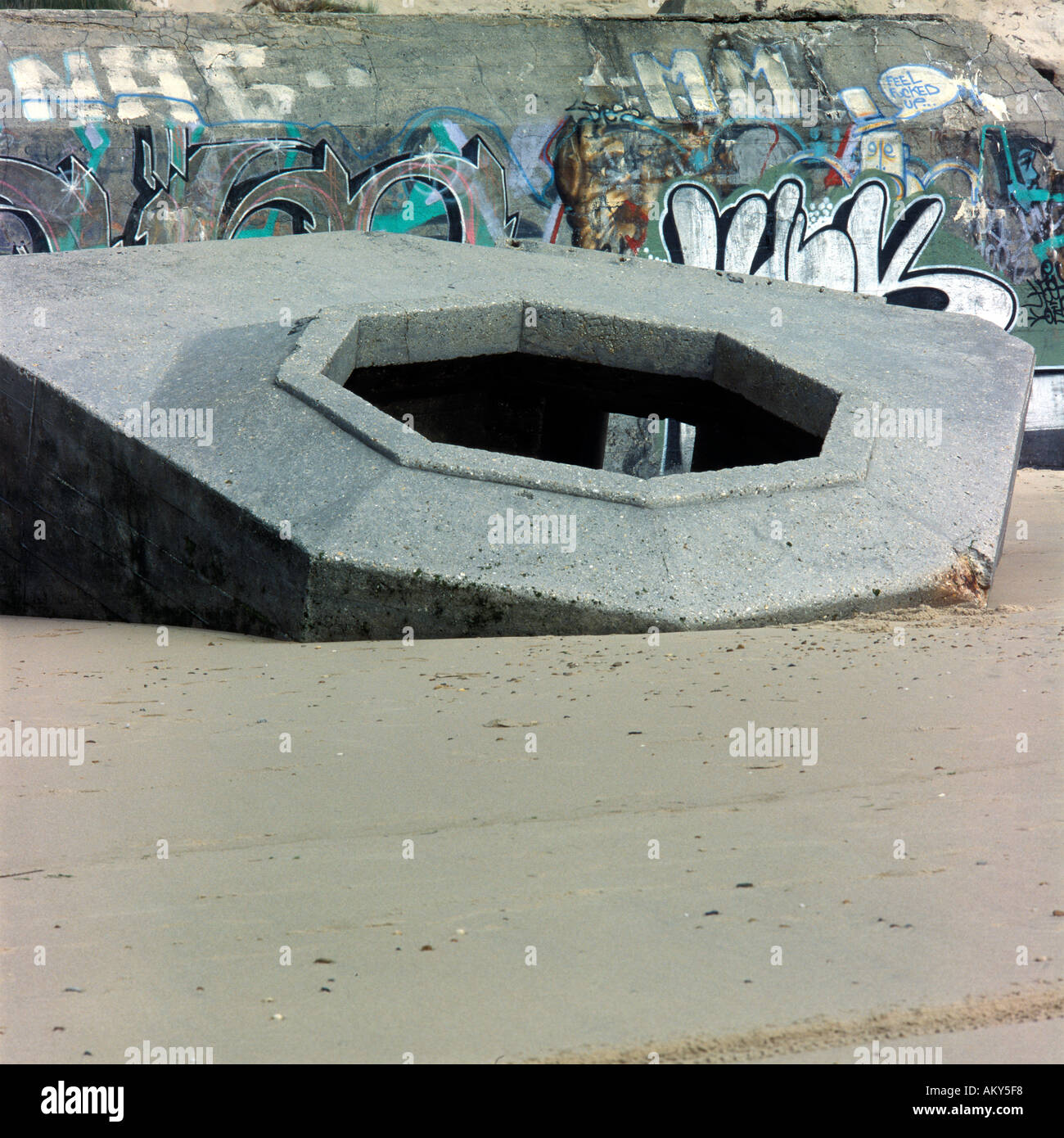 WW2 Atlantic Wall displaced concrete gun emplacement on sand beach Le ...