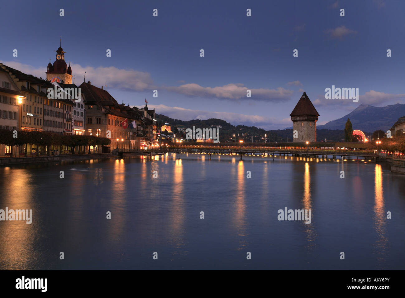 Townhall, Reuss River and historic Kapell Bridge with Watertower ...