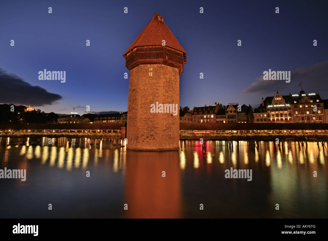 Kapell Bridge at dusk with Water Tower, Lucerne, Switzerland Stock ...