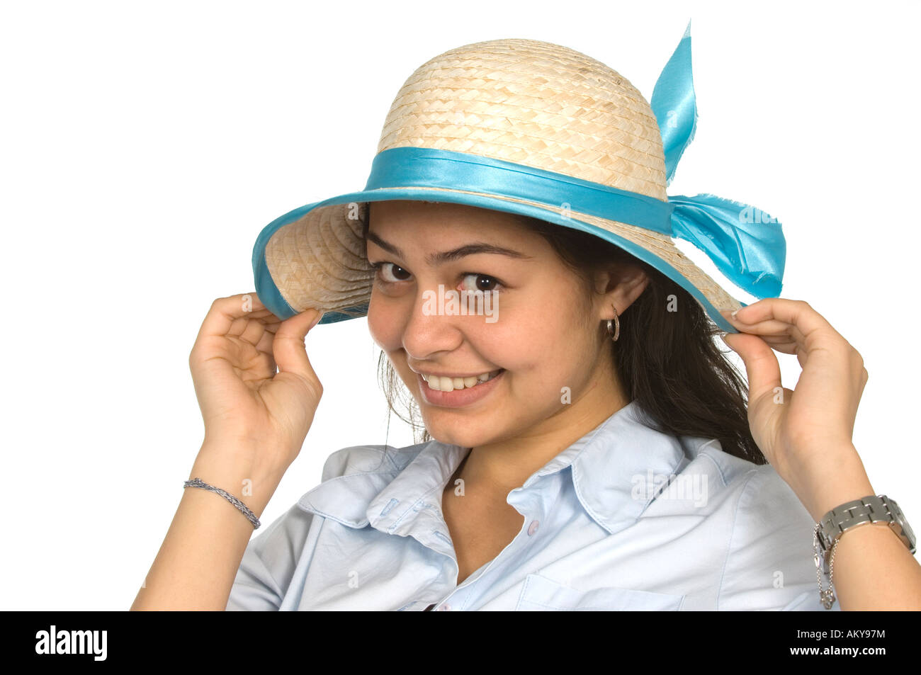 beautiful young woman wearing straw hat Stock Photo - Alamy