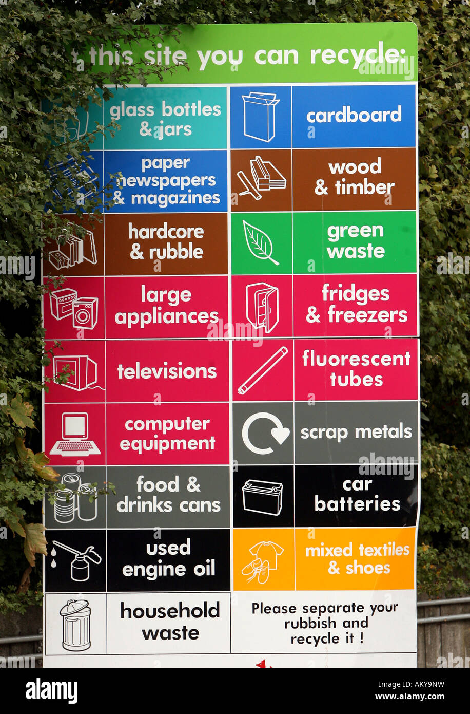 A sign advertising all those items that can be recycled at a recycling ...