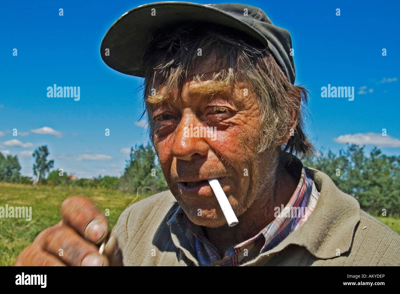 Portraita gray haired farmer smokes a cigarette, Lithuania, Baltic ...