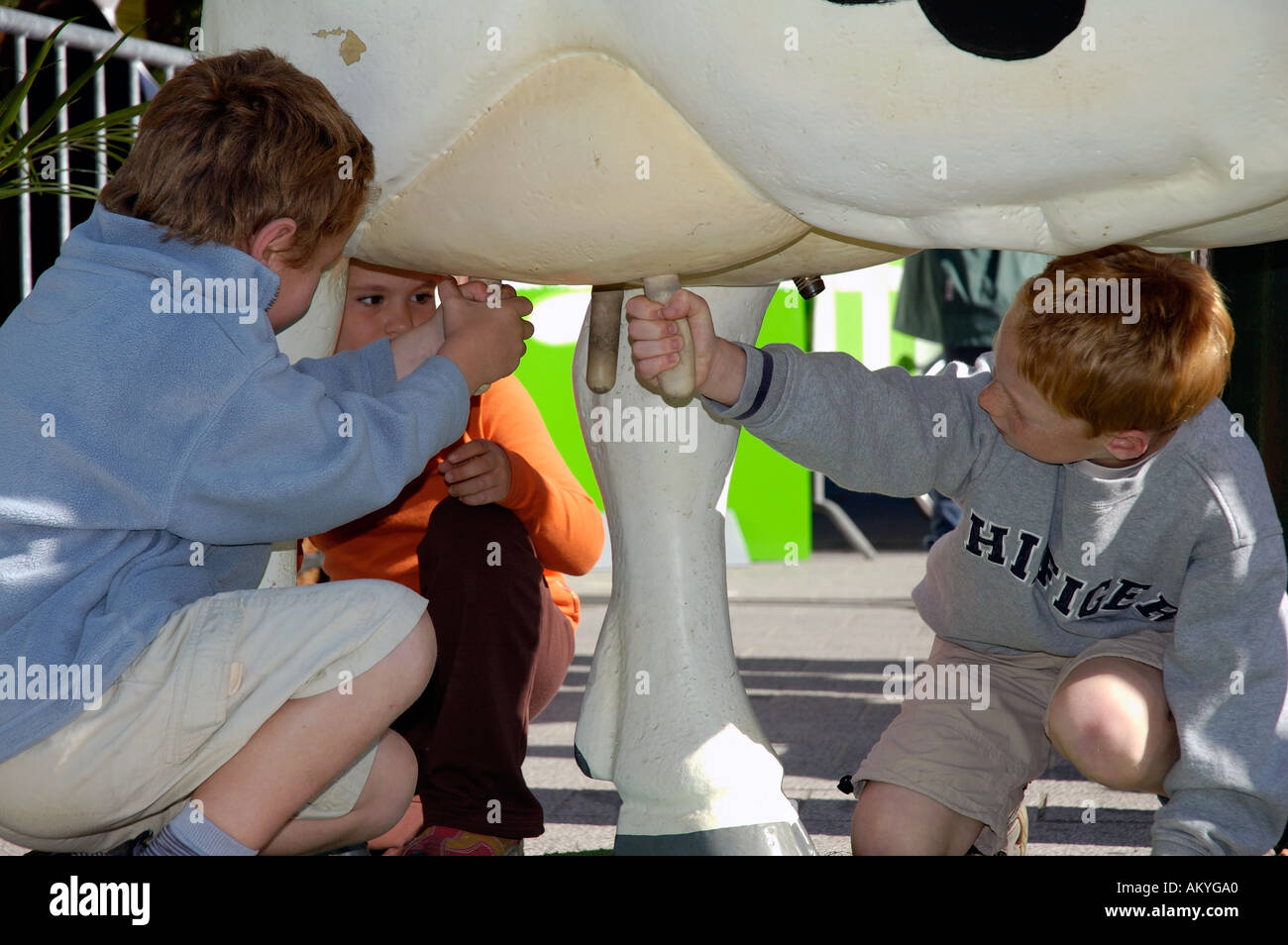 Three kids playing with a plastic cow Stock Photo - Alamy