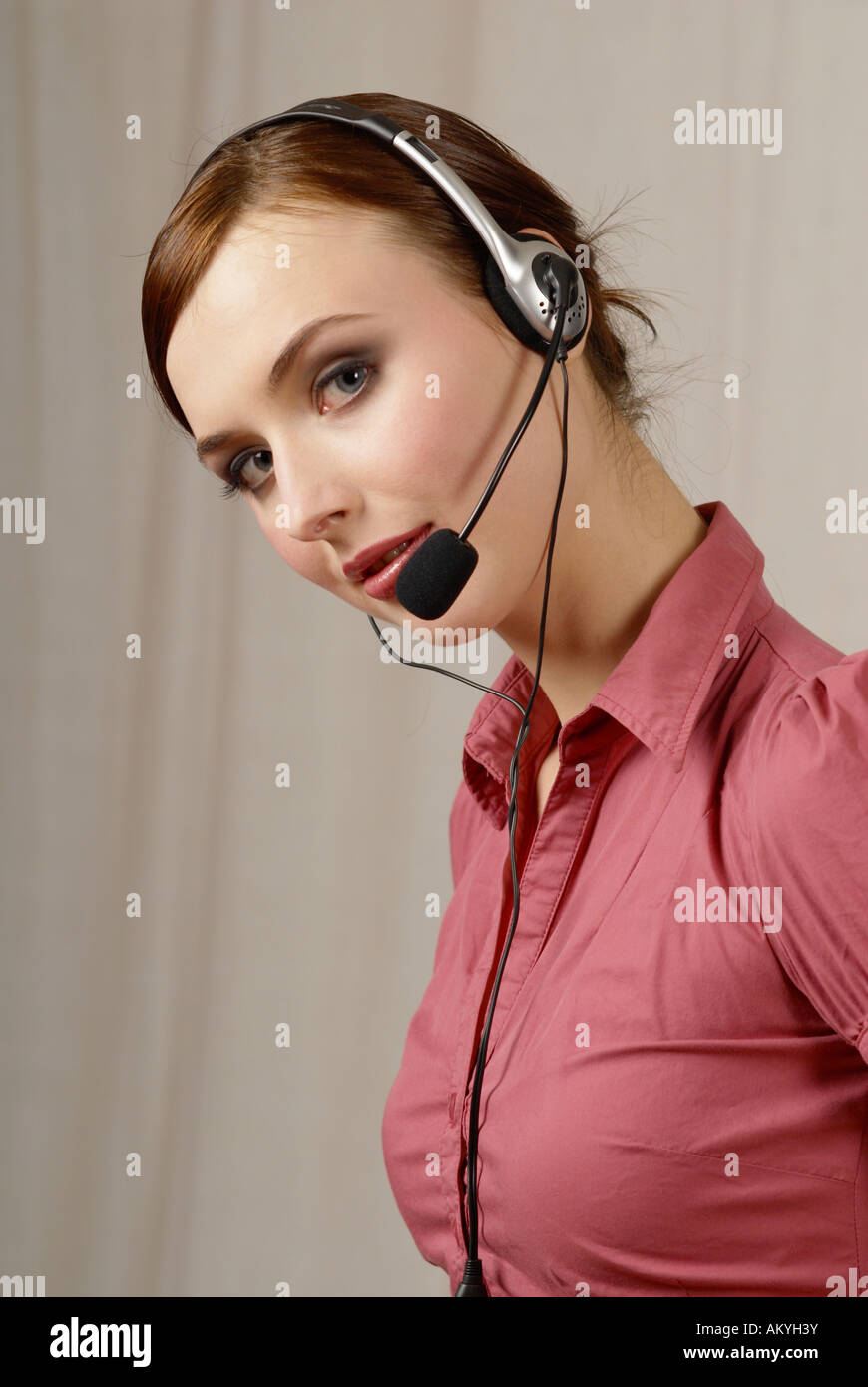 Young woman with headset, call center, telephone operator Stock Photo ...