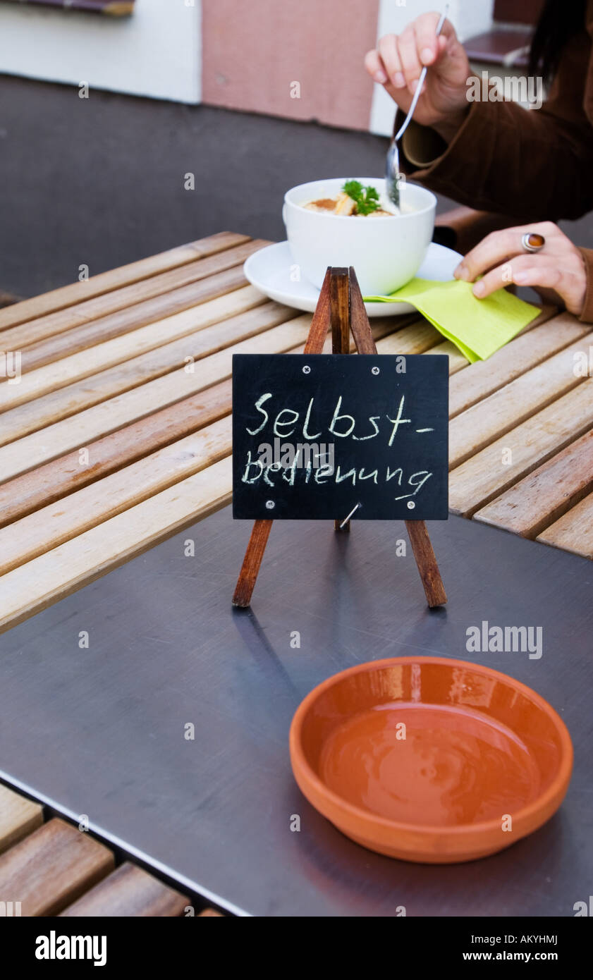 Self-service. Sign on a table of a road cafe Stock Photo - Alamy