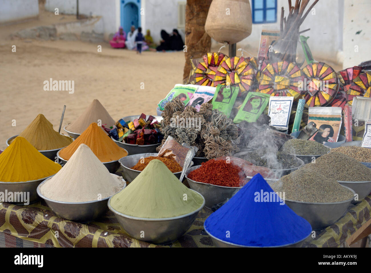 Multicolored spices up-piled up to small hills in bowls, Assuan, Aswan ...