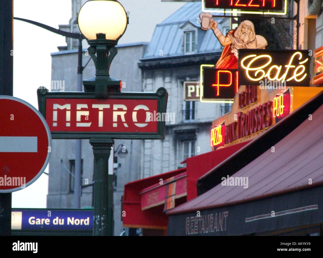 Paris France Street signs and cafe lights Stock Photo - Alamy