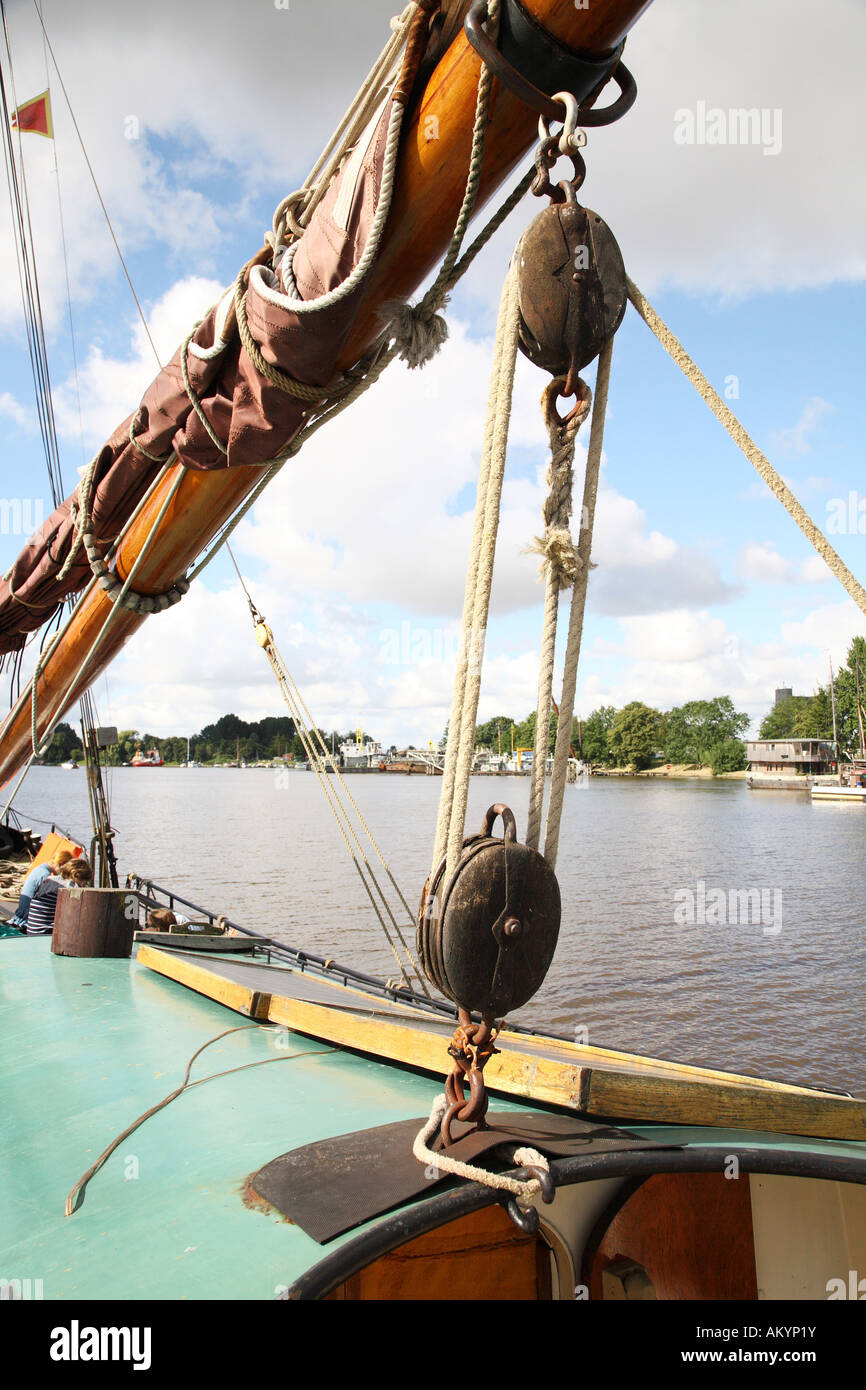 Rollblock, main sheet, boom of a sailboat Stock Photo - Alamy