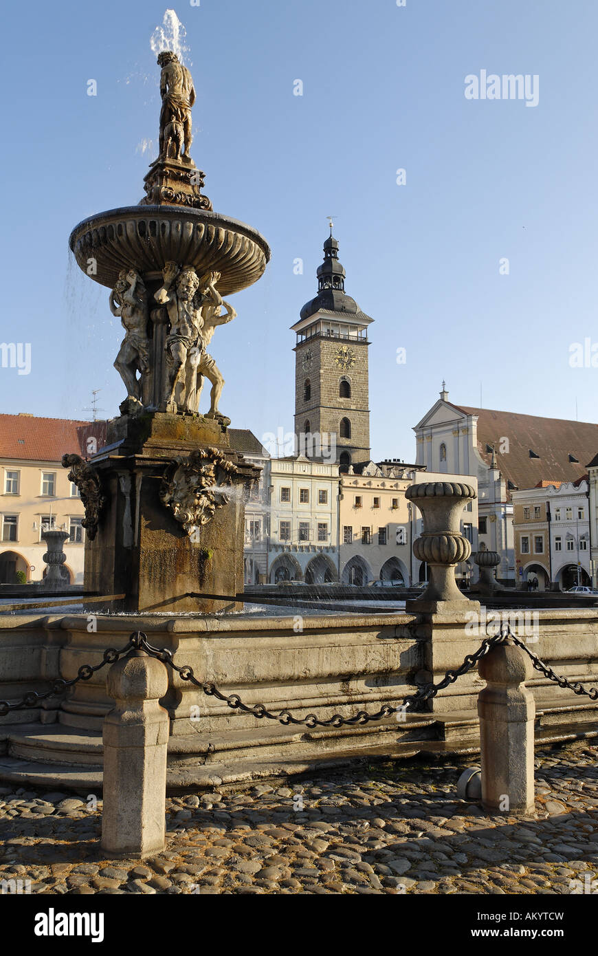 Samson fountain, historic old town of Ceske Budejovice, Budweis, Budvar ...